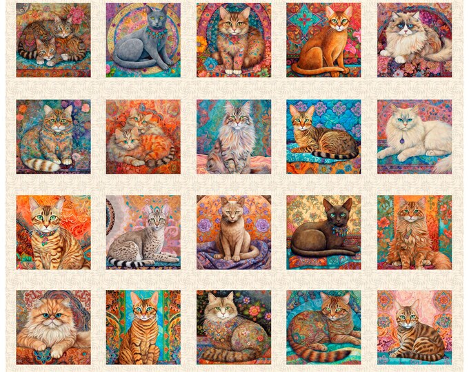 QUILT ROOM KITTIES - 36" Cat Picture Patches Panel in Cream - Cotton ...