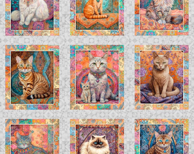 QUILT ROOM KITTIES - Large 36" Cat Panel in Gray - Grey Kitty Cotton ...