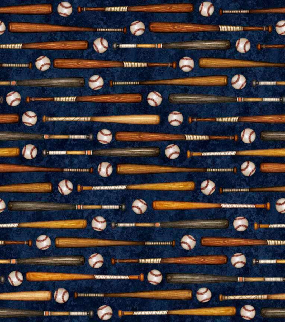 BASES LOADED - Bats and Baseballs in Navy - Blue Baseball Cotton Quilt ...