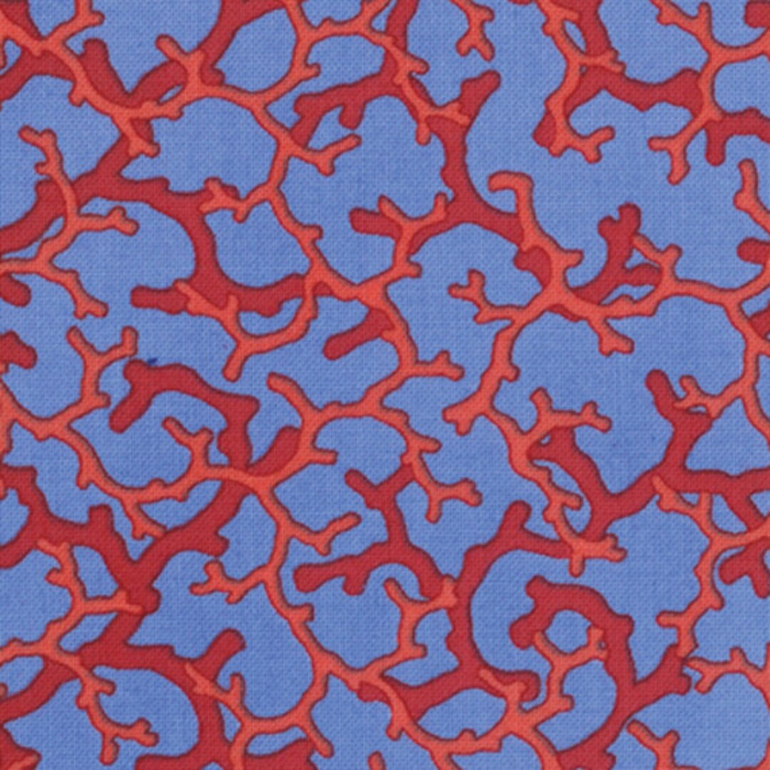 2 Yd Remnant BEACON COVE - Coral in Sky Blue - Red Swirl Novelty Beach ...