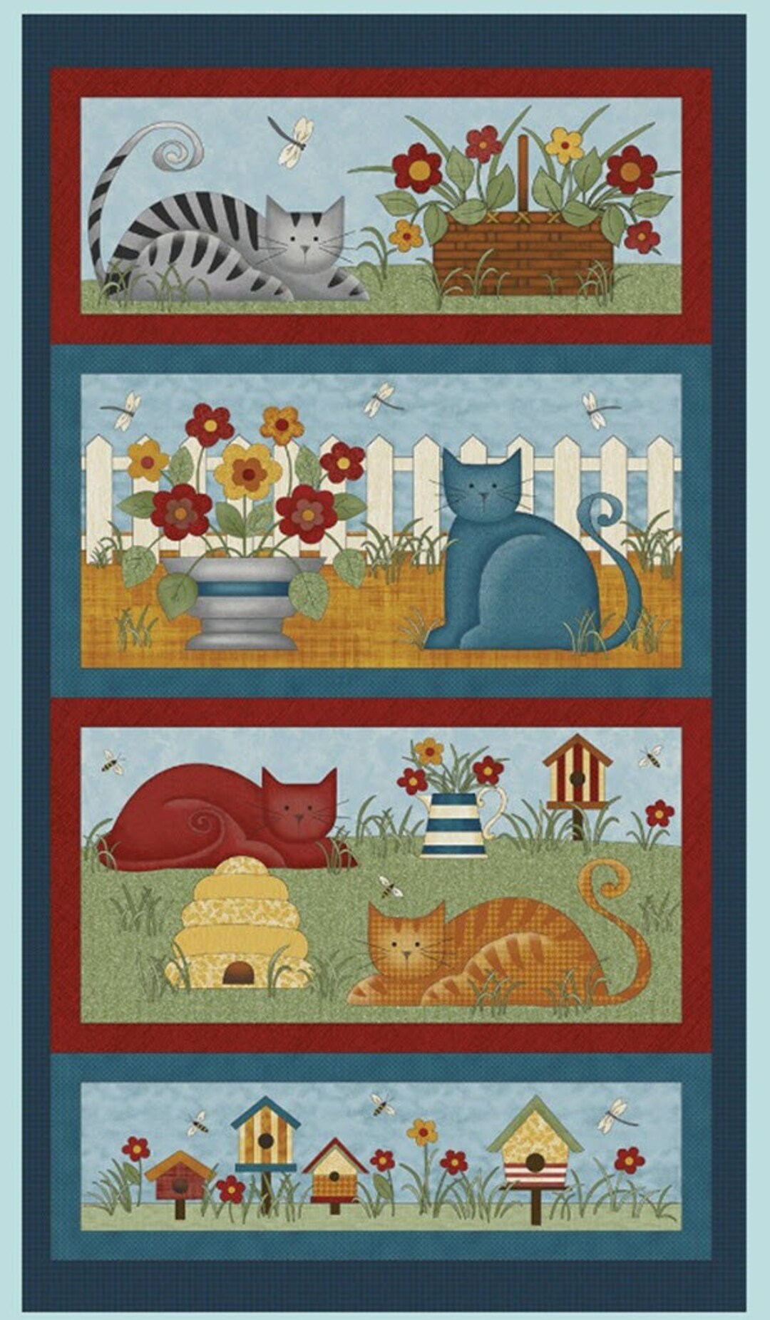 COLORFUL CATS 24" Panel in Multi - Folk Art Cat Panels Cotton Quilt ...