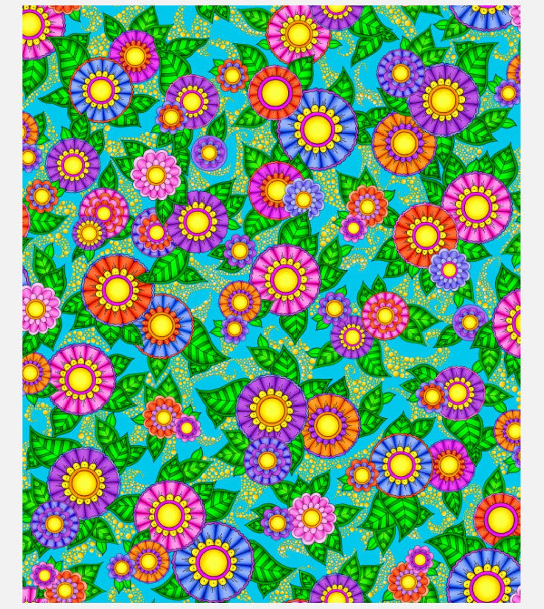 ALPHA DOODLE - Floral in Turquoise - Blue Purple Pink Floral Cotton ...