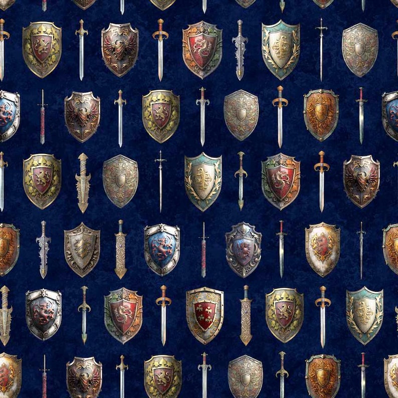 WIZARDS & WARRIORS - Swords and Shields in Navy - Red Blue Gray Cotton ...