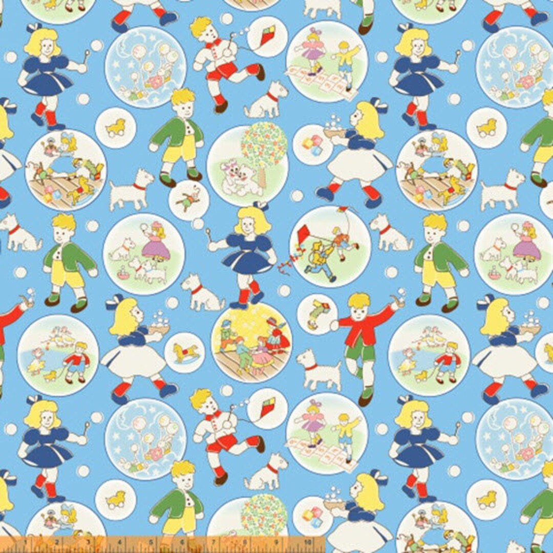 30" REMNANT Storybook Playtime - Playtime Bubbles in Blue Multi - Cotton Quilt Fabric - Whistler ...