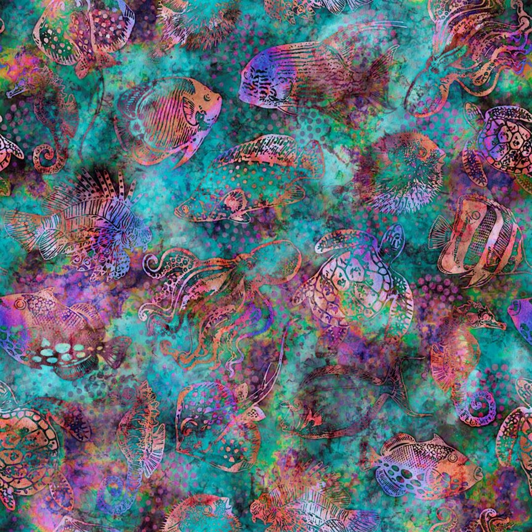 AQUATICA - Fish in Teal - Green Blue Purple Beach Cotton Quilt Fabric ...