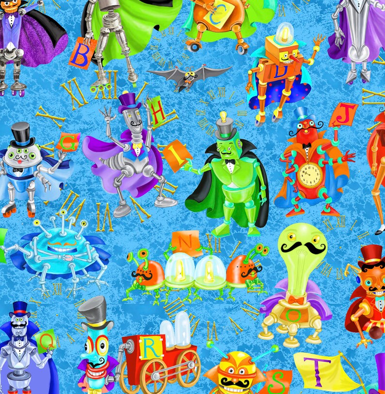 BITS & BOTS - Packed Robots in Blue - Cute Kids Cotton Quilt Fabric ...