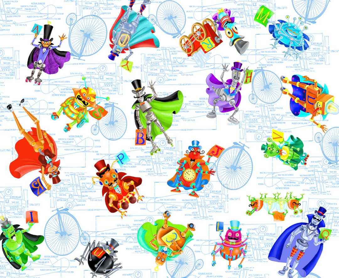BITS & BOTS - Spaced Robots in White - Kids Cotton Quilt Fabric ...