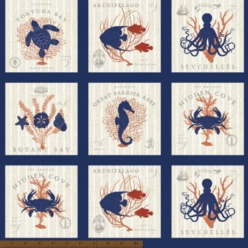 HIDDEN COVE Blocks Panel - Sea Animals Collection - 23" X 44" PANEL ...