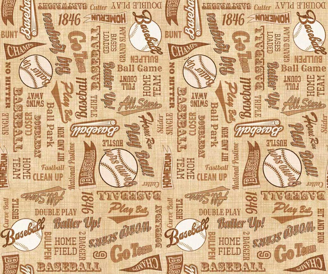 BASES LOADED - Baseball Text in Tan - Brown Cream Cotton Quilt Fabric ...