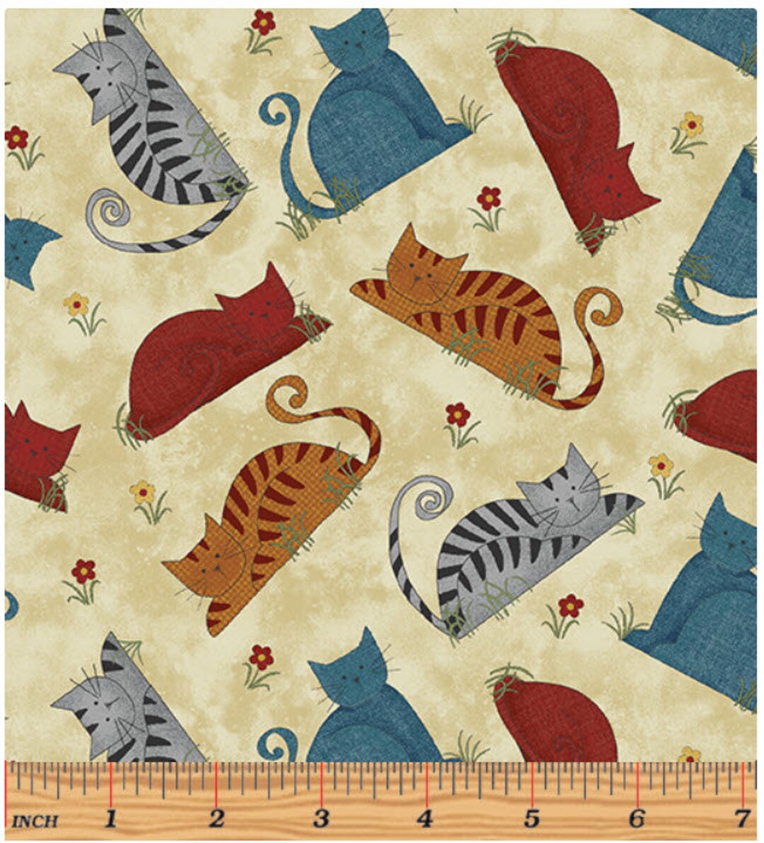 22 Remnant COLORFUL CATS in Vanilla Folk Art Kitty Cat Cotton Quilt ...