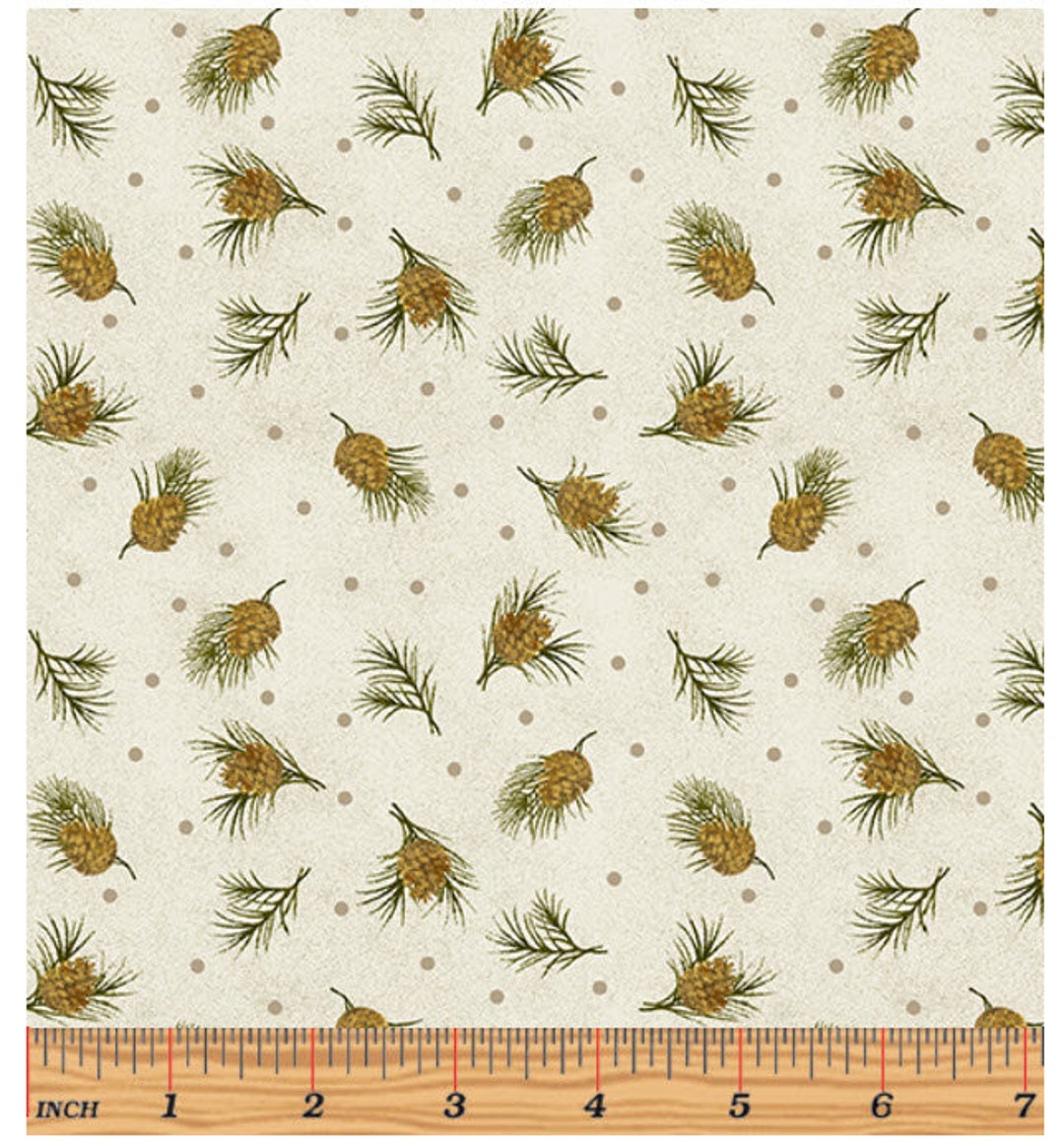 WINTERBERRY Dotted Pine in Cream Floral Pine Cones Cotton Quilt Fabric ...