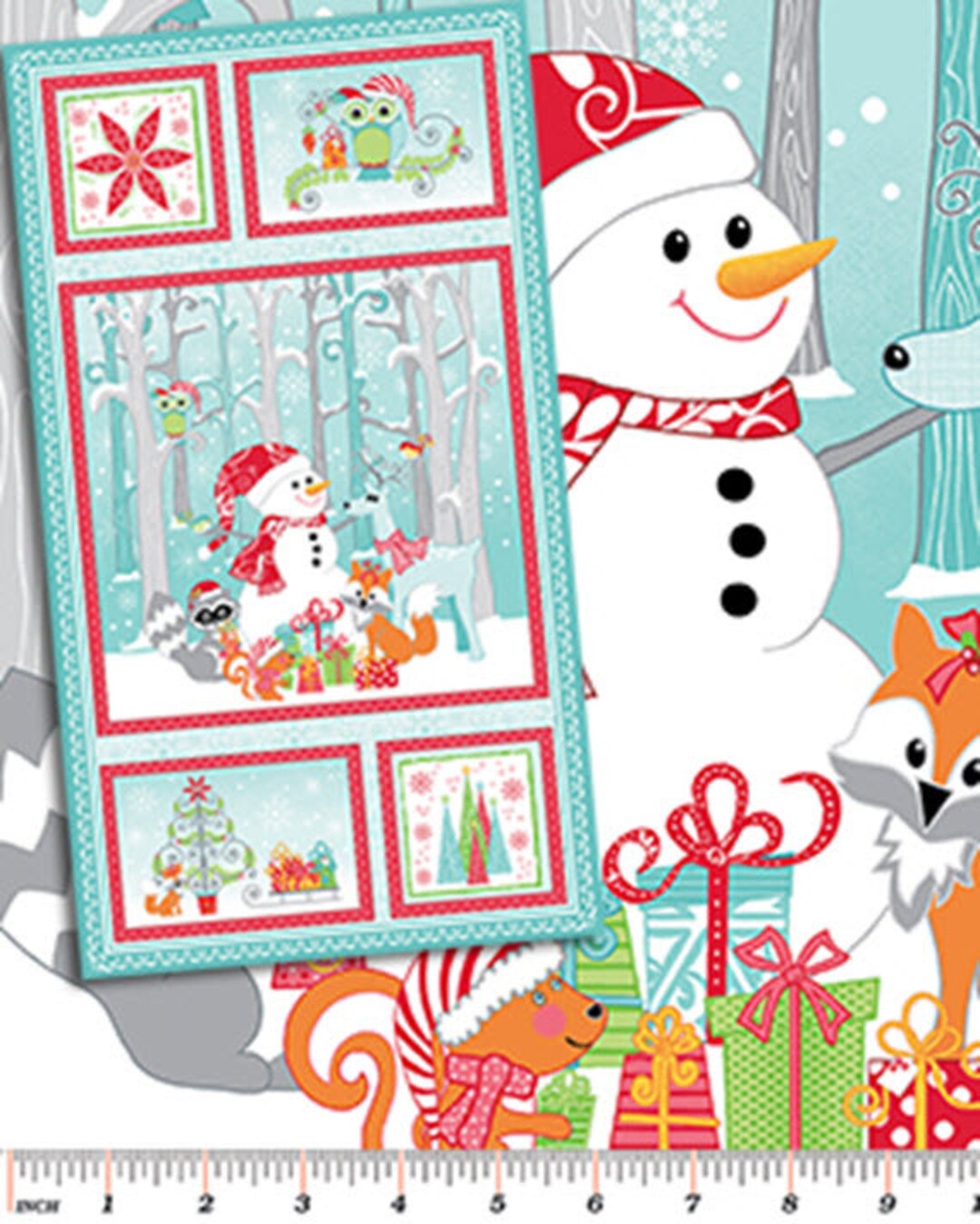 FROST FOREST Panel - Snowman Panel in Turquoise and Red - Cotton Quilt ...