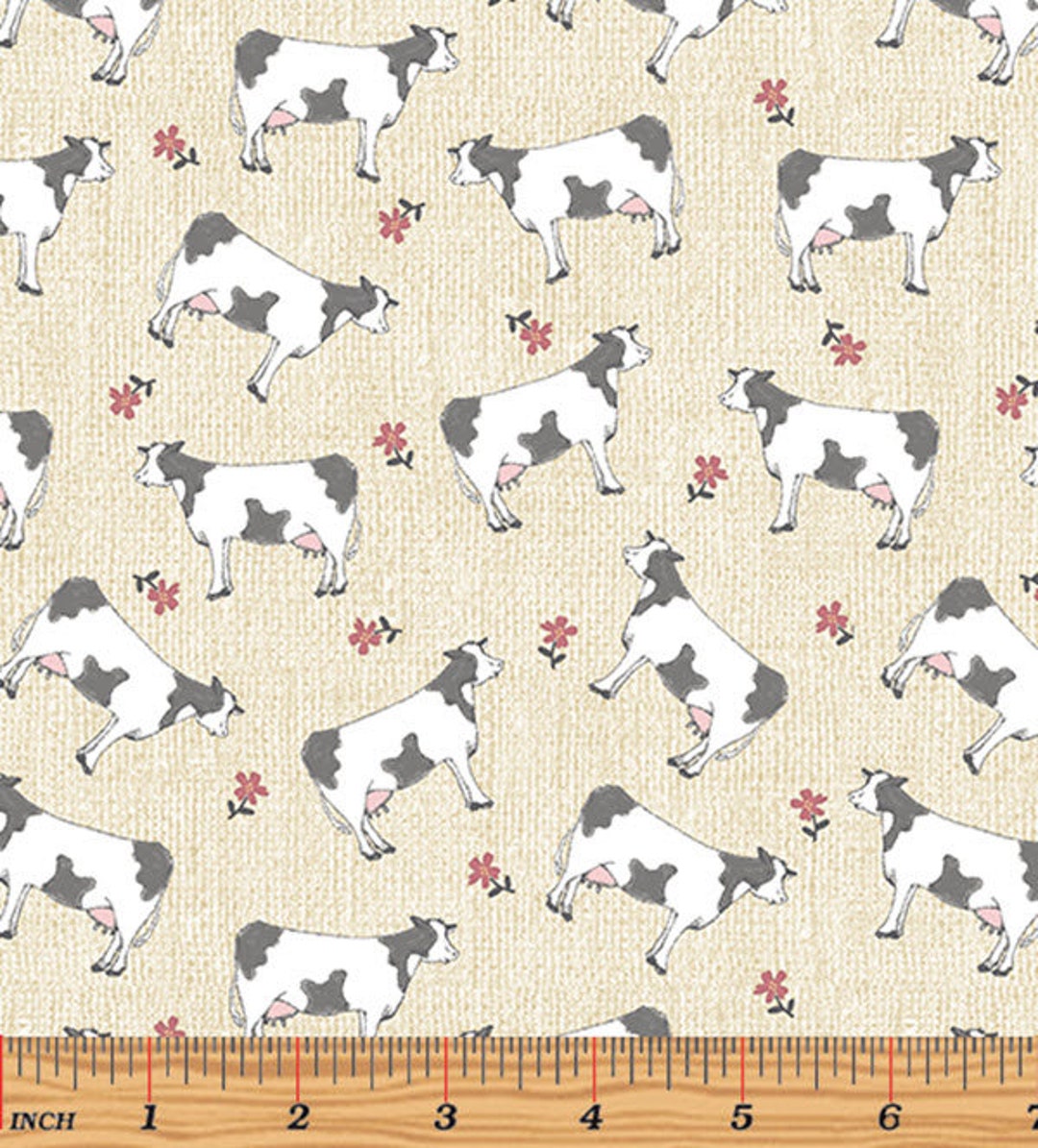 FARM FRESH - Farm Cows in Butter - Yellow Gray Cow Red Flowers Cotton ...