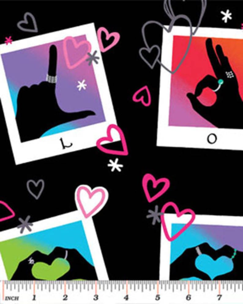 SIGNS OF LOVE in Black - Sign Language Cotton Quilt Fabric - Greta Lynn ...