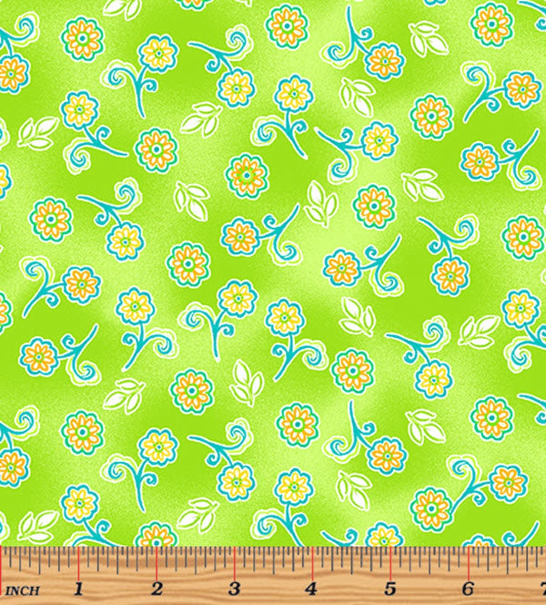 BLUE HORIZON - Flower Buds in Lime Green - Blue Floral Cotton Quilt ...