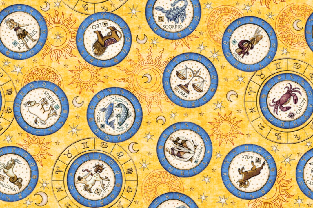 1-2/3 Yard Remnant INTERGALACTIC - Zodiac Medallions in Sun Yellow ...
