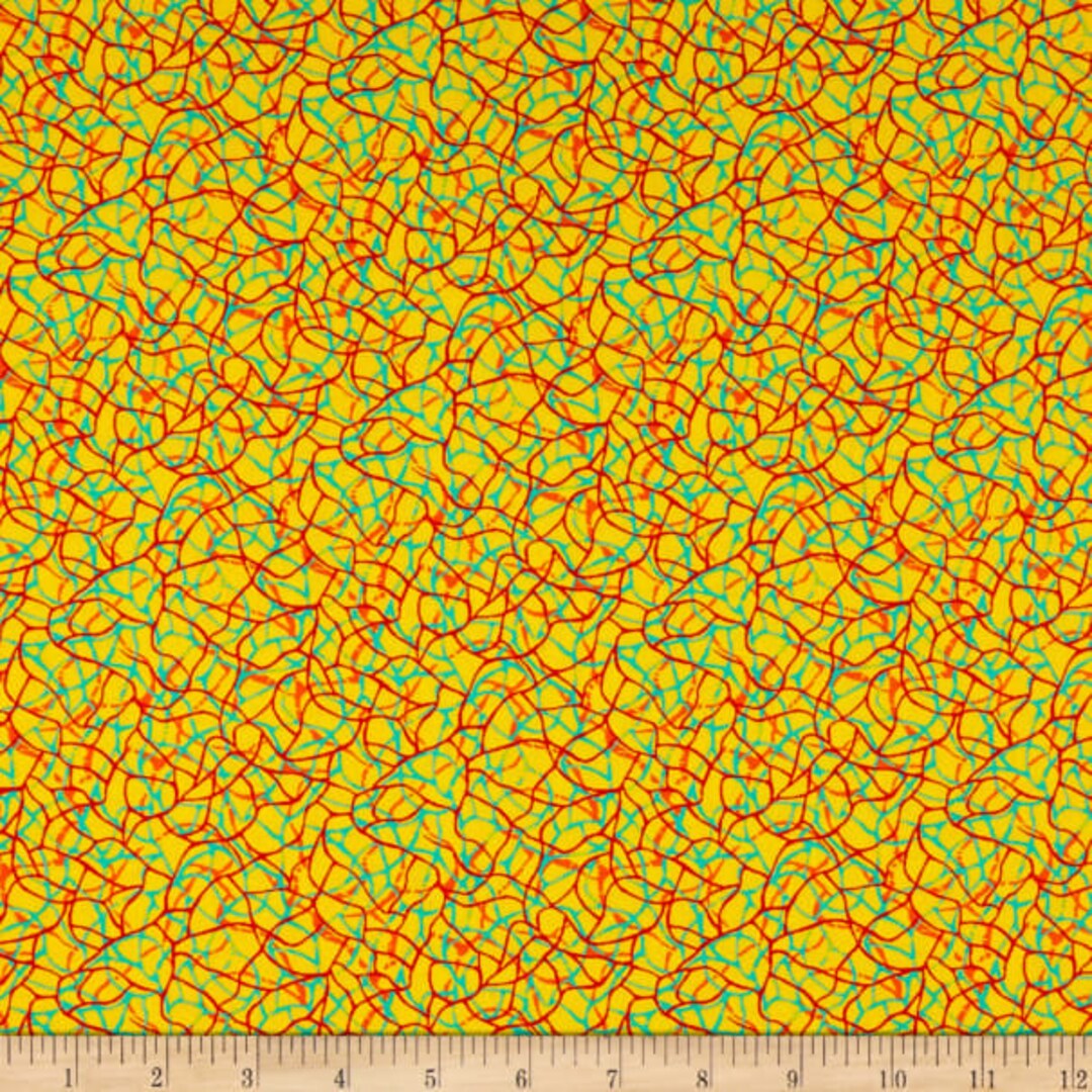 ADELINE - Squiggly Lines in Yellow - Red Turquoise Cotton Quilt Fabric ...