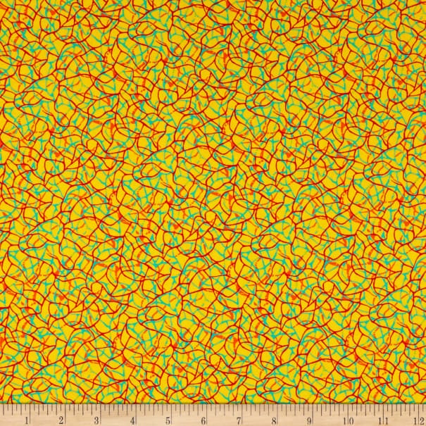 ADELINE - Squiggly Lines in Yellow - Red Turquoise Cotton Quilt Fabric ...