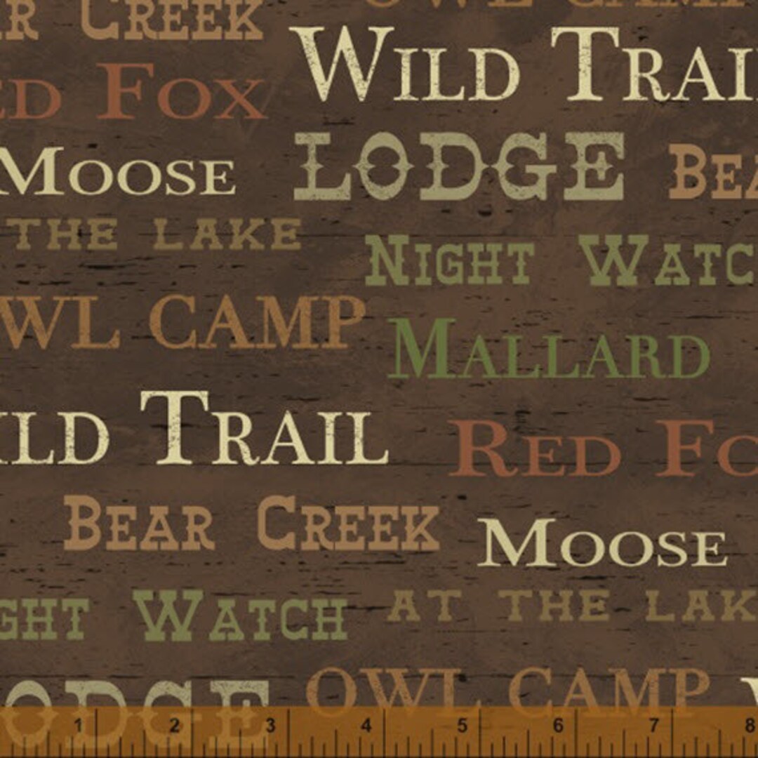 Postcards From the Lodge Words in Brown Green Cotton Quilt Fabric Pela ...