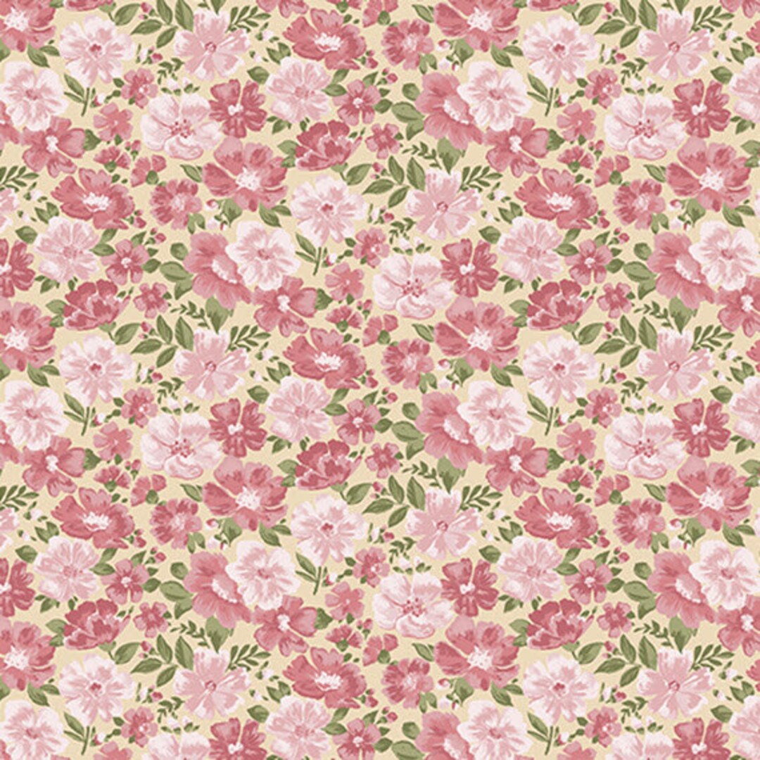 1-1/2 Yard Remnant ABIGAIL - Grace in Red / Tan - Beautiful Pink Floral ...