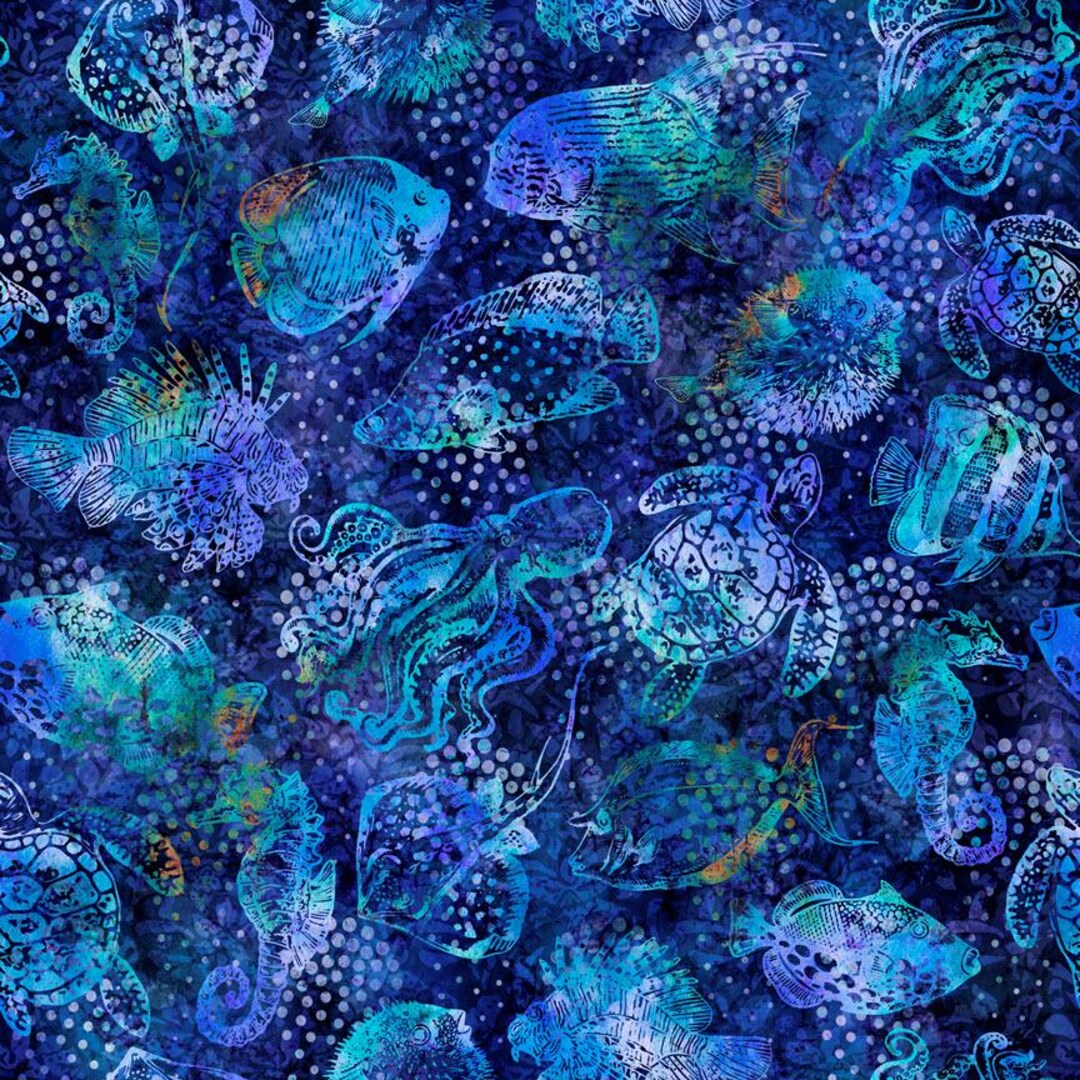 1-1/3 Yd Remnant AQUATICA - Fish in Royal - Green Blue Orange Beach ...