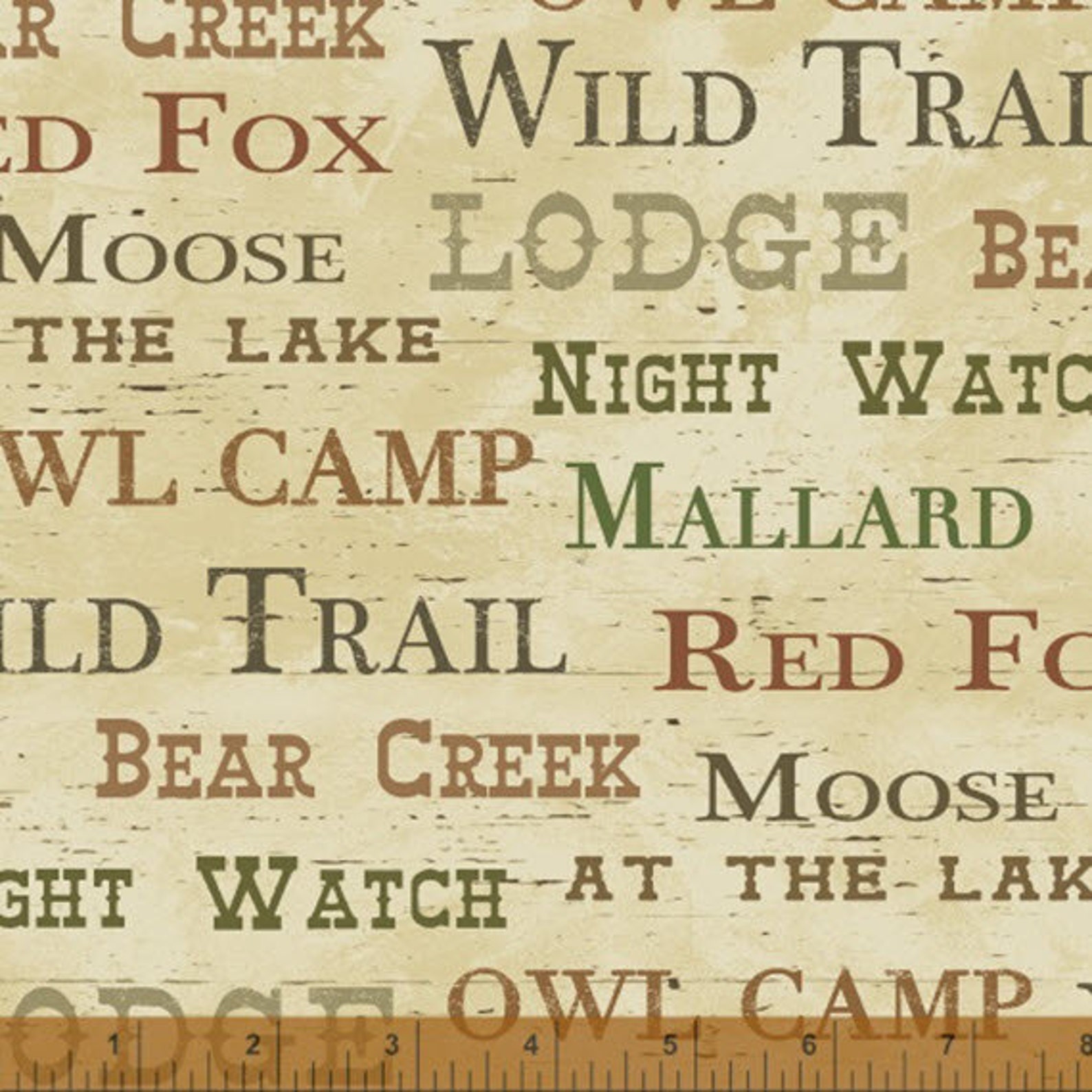 Postcards From the Lodge - Words in Tan -green Brown Cotton Quilt ...
