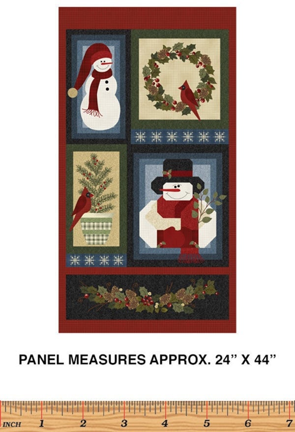 VERY WOOLY WINTER - 24" Panel in Multi - Snowman Cardinal Birds Cotton ...