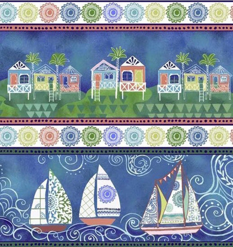 DREAM BOATS - Sailboat Border Stripe in Ocean Blue - Sailboats Boats ...