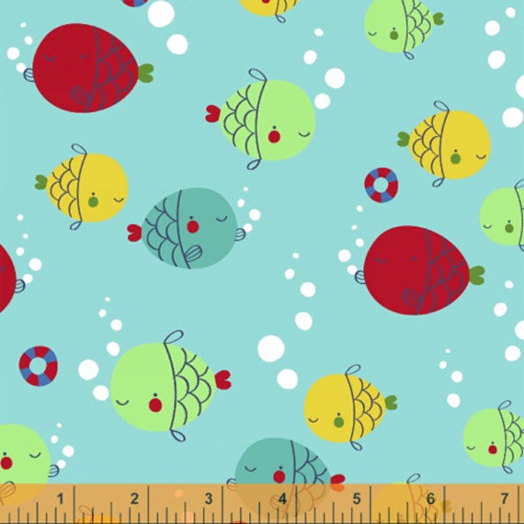AHOY MATEY! - Fish in Aqua Blue - Green Yellow Red Cotton Quilt Fabric ...