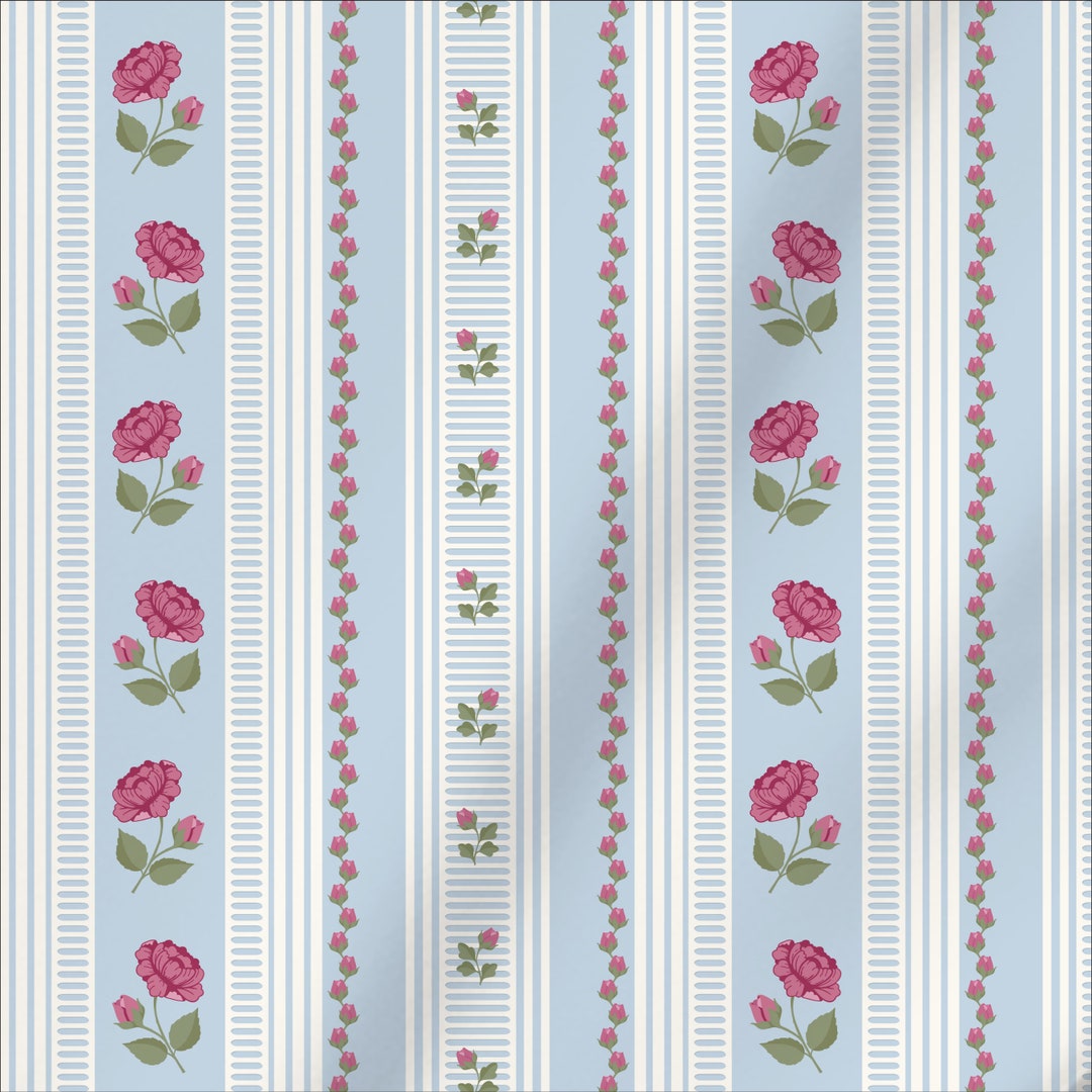 Blue and off White Rococo Stripe With Roses and Rosebuds Extra Wide 116 ...
