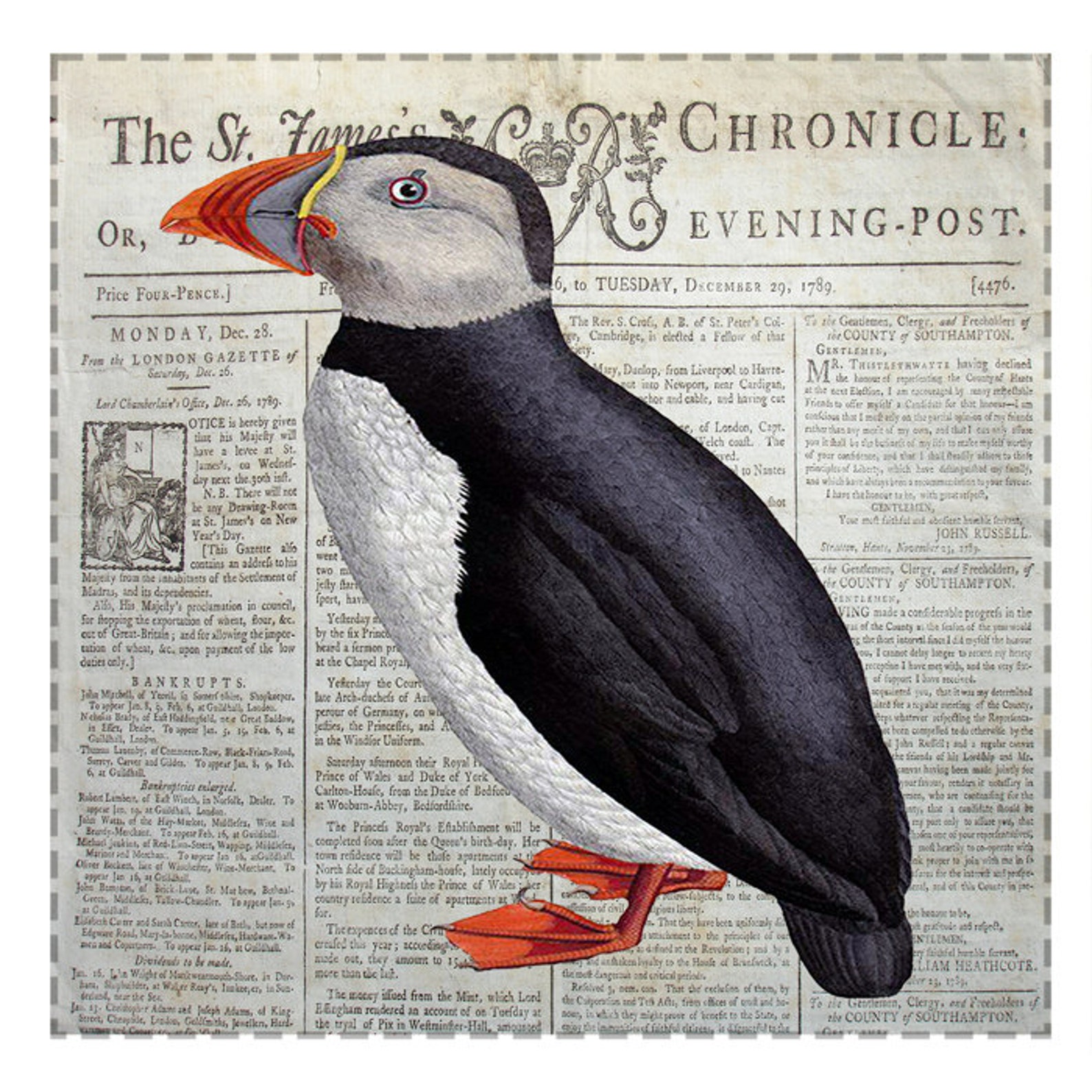 Fabric Panels; Antique Puffin Vintage Newspaper. Craft/ 100% Cotton ...