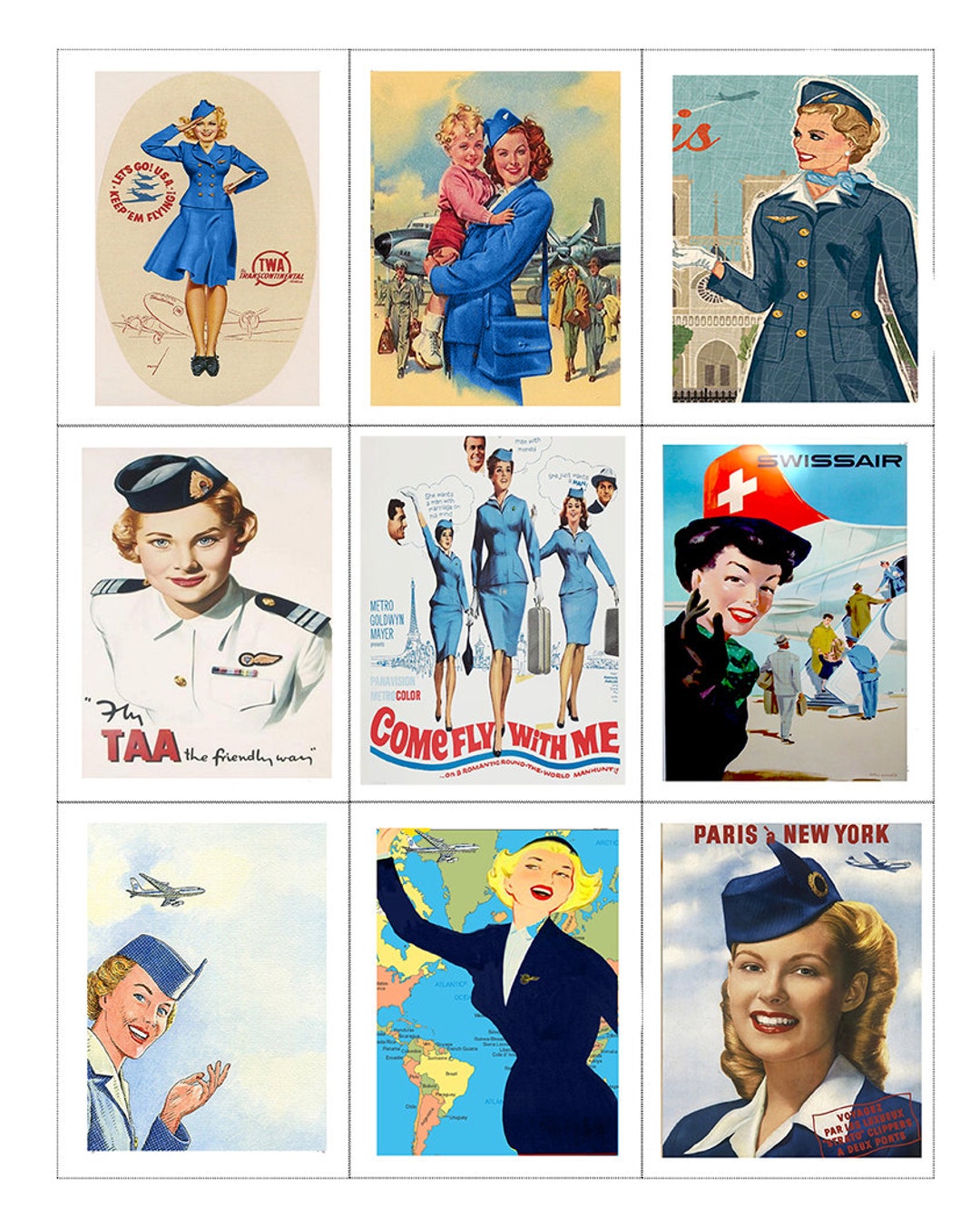 Fabric Panel/vintage Airline Air Stewardess Fabric/ Set of 9 Panels ...