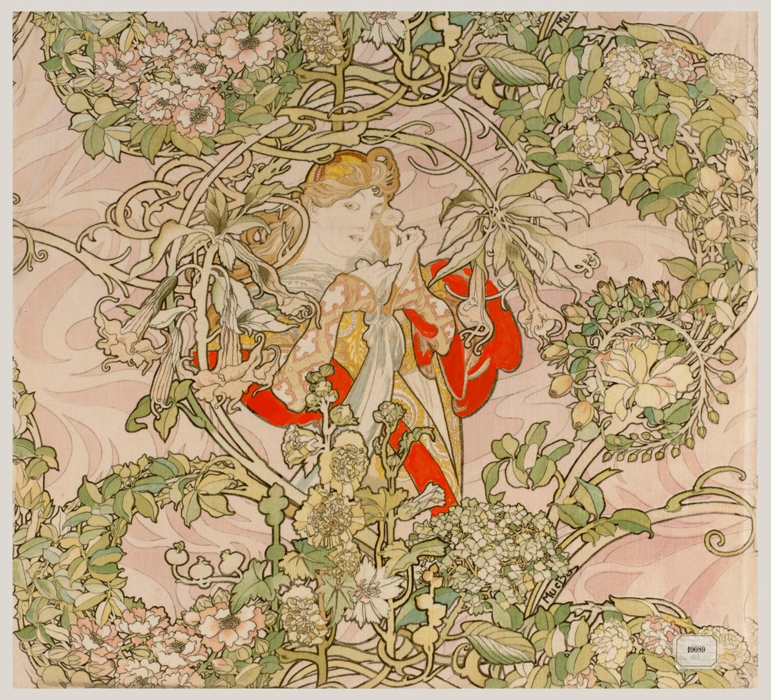 Fabric Panels Alphonse MUCHA Fabric Called Among the Flowers Design ...