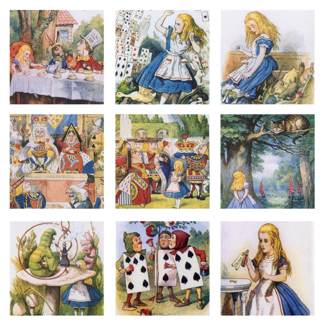 Fabric Panels Set of 9 SQUARE Alice in Wonderland Illustrations, John ...