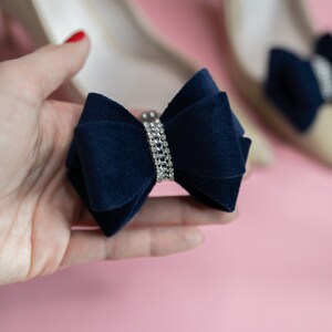 Navy Blue Velvet Shoes Clips With Silver Element, Art Deco Wedding Bow ...
