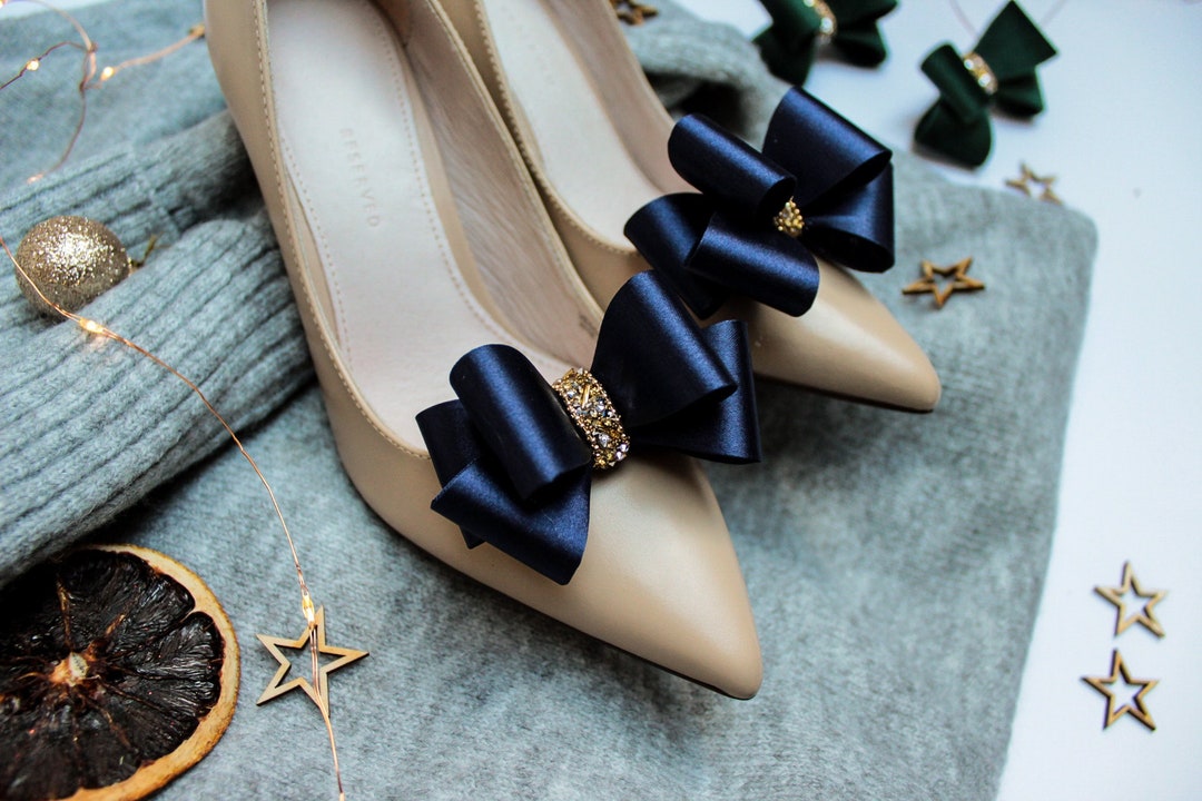 Christmas Navy Blue Satin Shoes Clips, Wedding Bow Shoe Clips, Navy ...