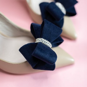 Navy Blue Velvet Shoes Clips With Silver Element, Art Deco Wedding Bow ...
