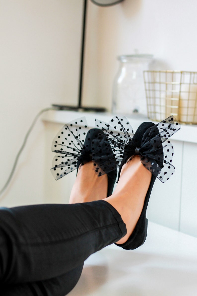 Polka Dot Lace Black Bow Shoe Clips for Women, Black Tulle Fabric Bow ...