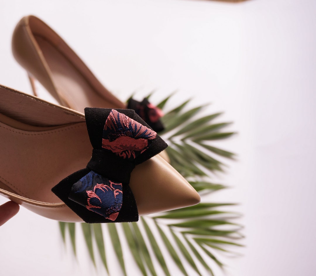 Black Bow Shoe Clips With Floral Print, Faux Suede Fabric Black Shoe ...