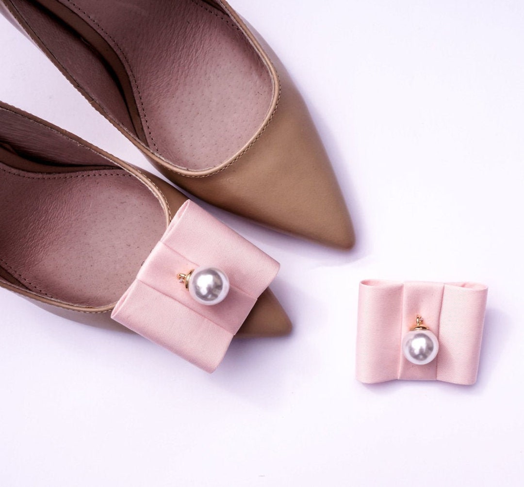 Blush Shoe Clips With Pearl, Powder Pink Bow Shoe Clips, Bridal Shoe ...