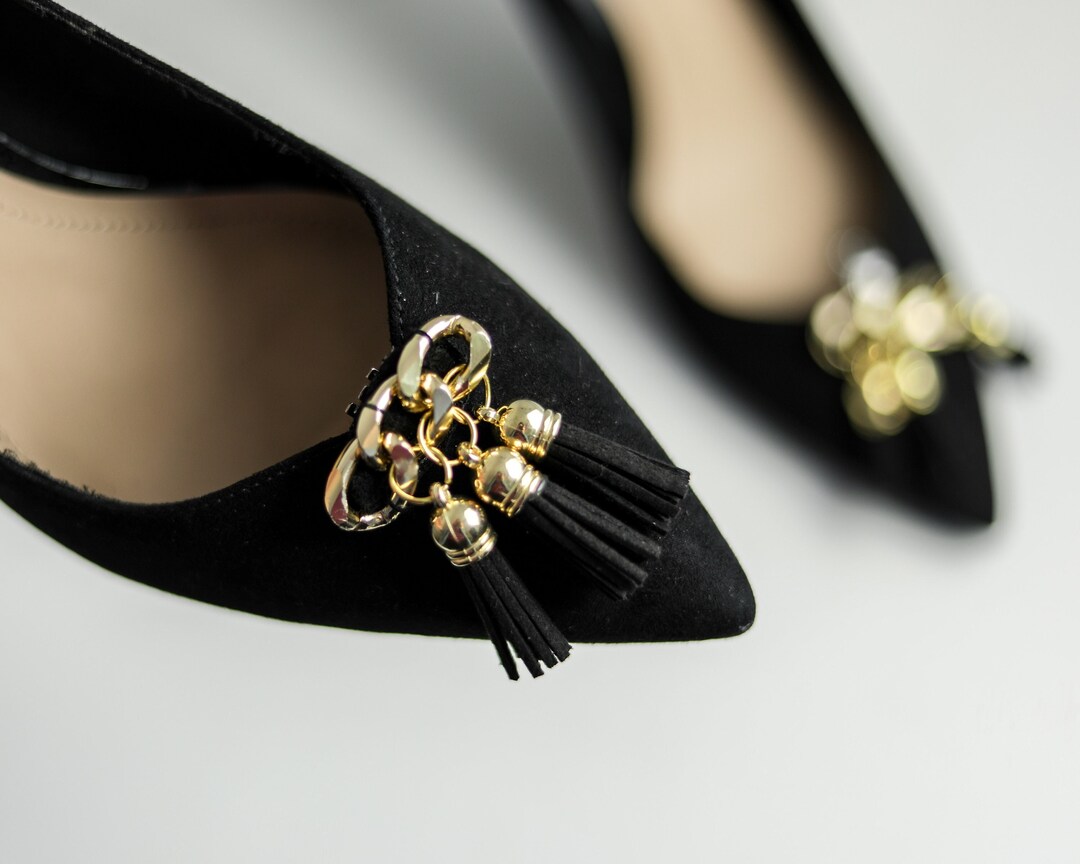 Black Evening Shoes Clips With Mini Tassels, Black Bridal Shoes ...