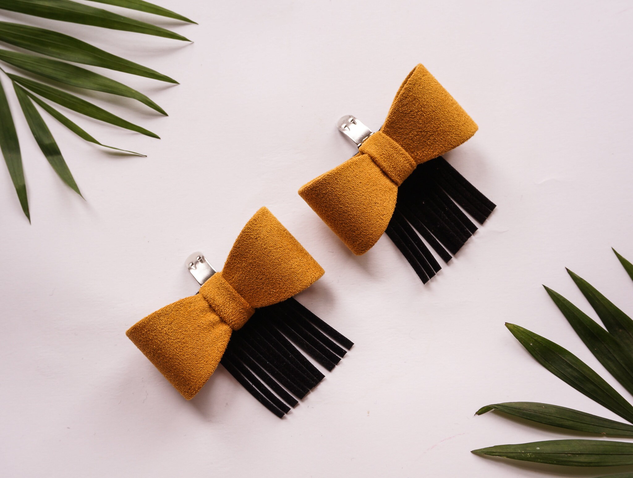 Mustard Suede Fringe Shoe Bows, Faux Suede Fabric Shoe Bows Clips, Faux ...