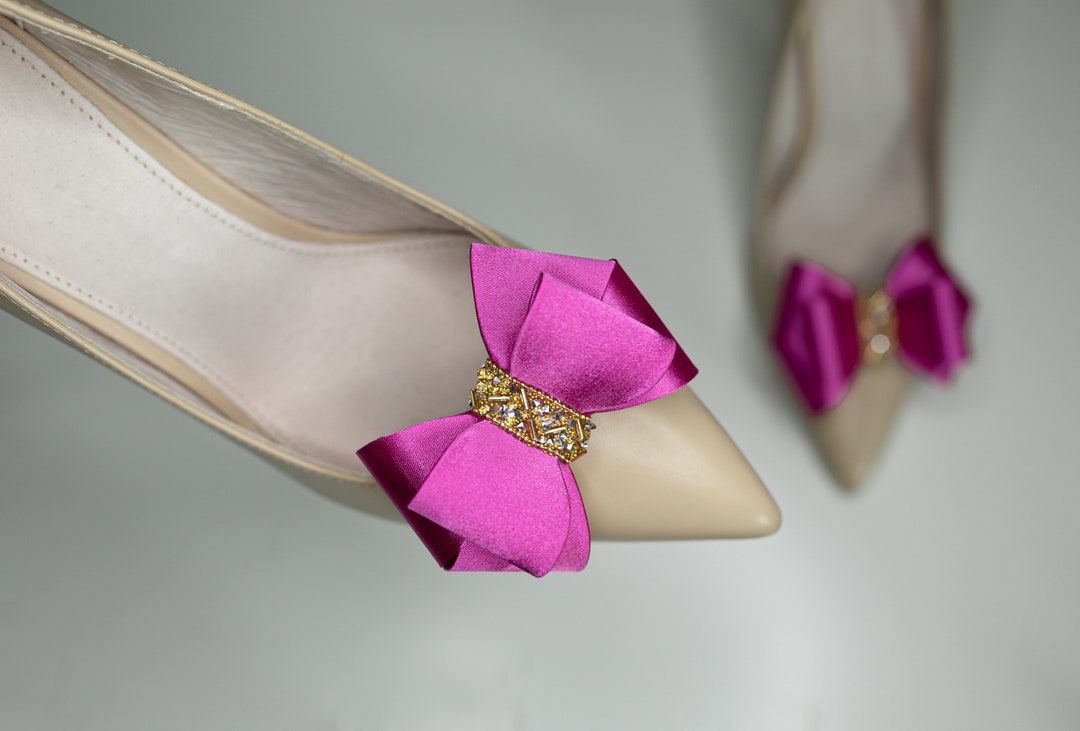 Beautiful Fuchsia Satin Shoe Clips With Rhinestone Applique, Shoe Clips ...