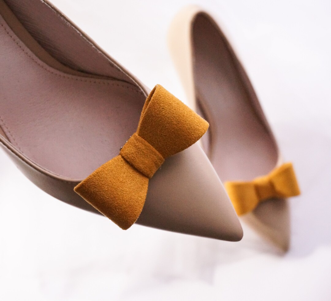 Faux Suede Fabric Mustard Shoe Bows, Faux Leather Yellow Shoe Clips for ...