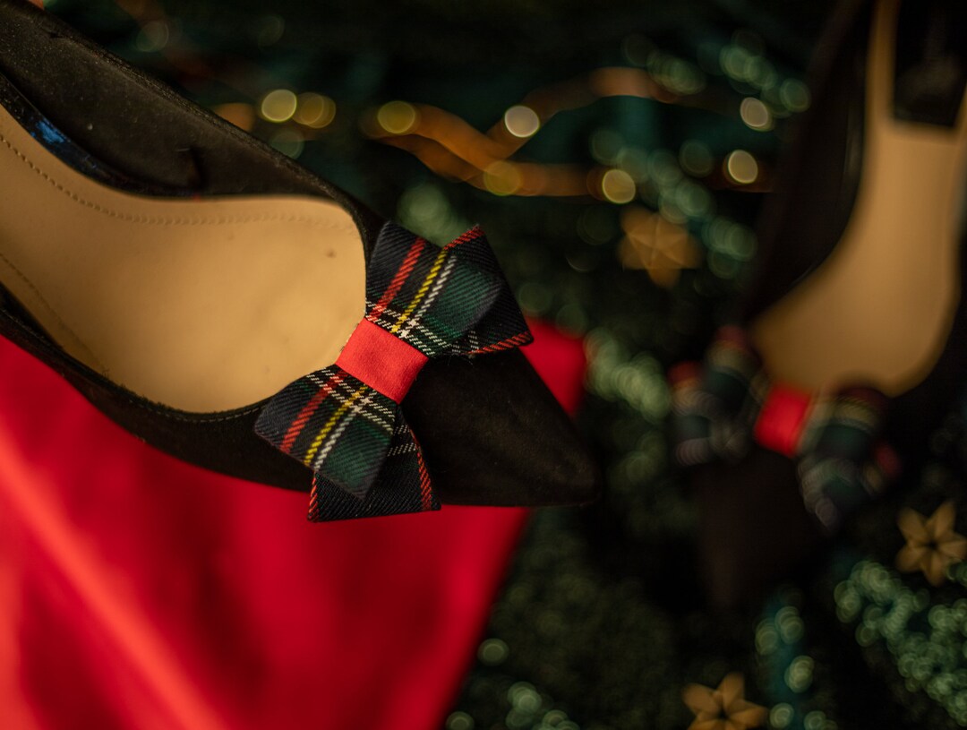 Red and Green Bow for Shoes, Tartan Fabric Bow Shoe Clip, Christmas Bow ...