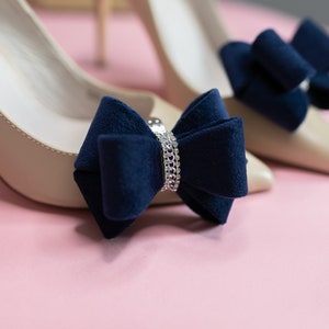 Navy Blue Velvet Shoes Clips With Silver Element, Art Deco Wedding Bow ...