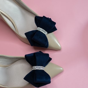 Navy Blue Velvet Shoes Clips With Silver Element, Art Deco Wedding Bow ...