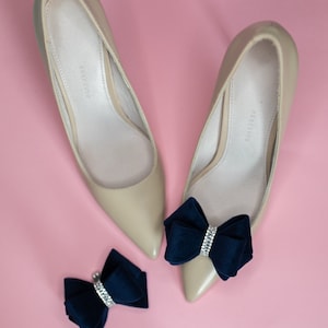 Navy Blue Velvet Shoes Clips With Silver Element, Art Deco Wedding Bow ...