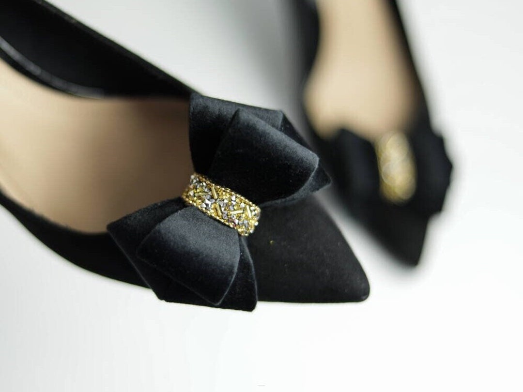 Black Velvet Shoe Clips With Rhinestone Applique, Shoe Clips Black ...