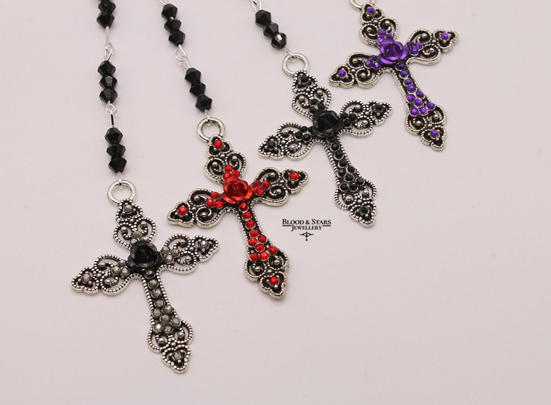 Gothic Rosary Silver Rose Cross Long Beaded Necklace - Etsy